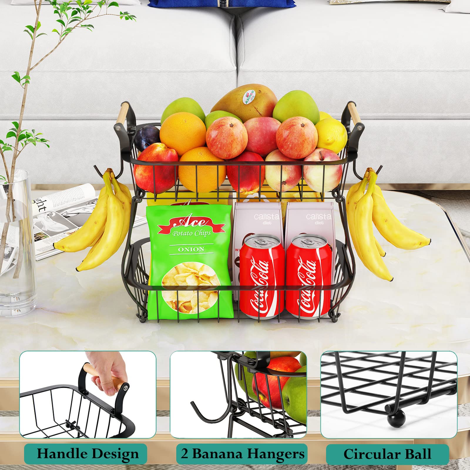 2 Tier Fruit Basket with 2 Banana Hangers, Countertop Fruit Vegetable Basket Bowl for Kitchen Counter Metal Wire Storage Basket Fruits Stand Holder Organizer for Bread Snack Veggies Produce, Black