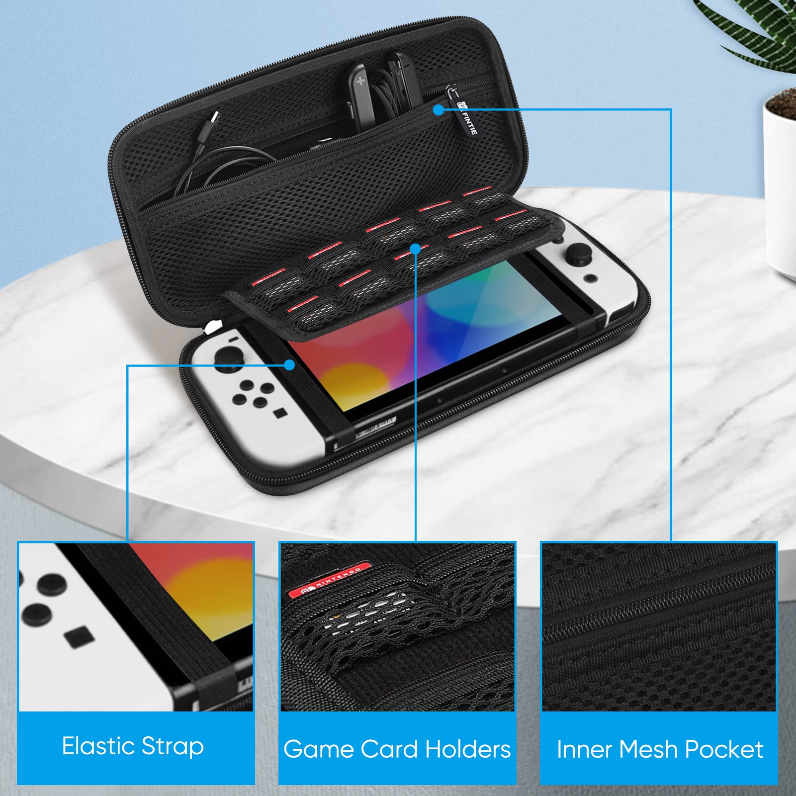 Fintie Carrying Case for Nintendo Switch OLED Model 2021/Switch 2017, [Shockproof] Hard Shell Protective Cover Travel Bag with 10 Game Card Slots & Inner Pocket, Black