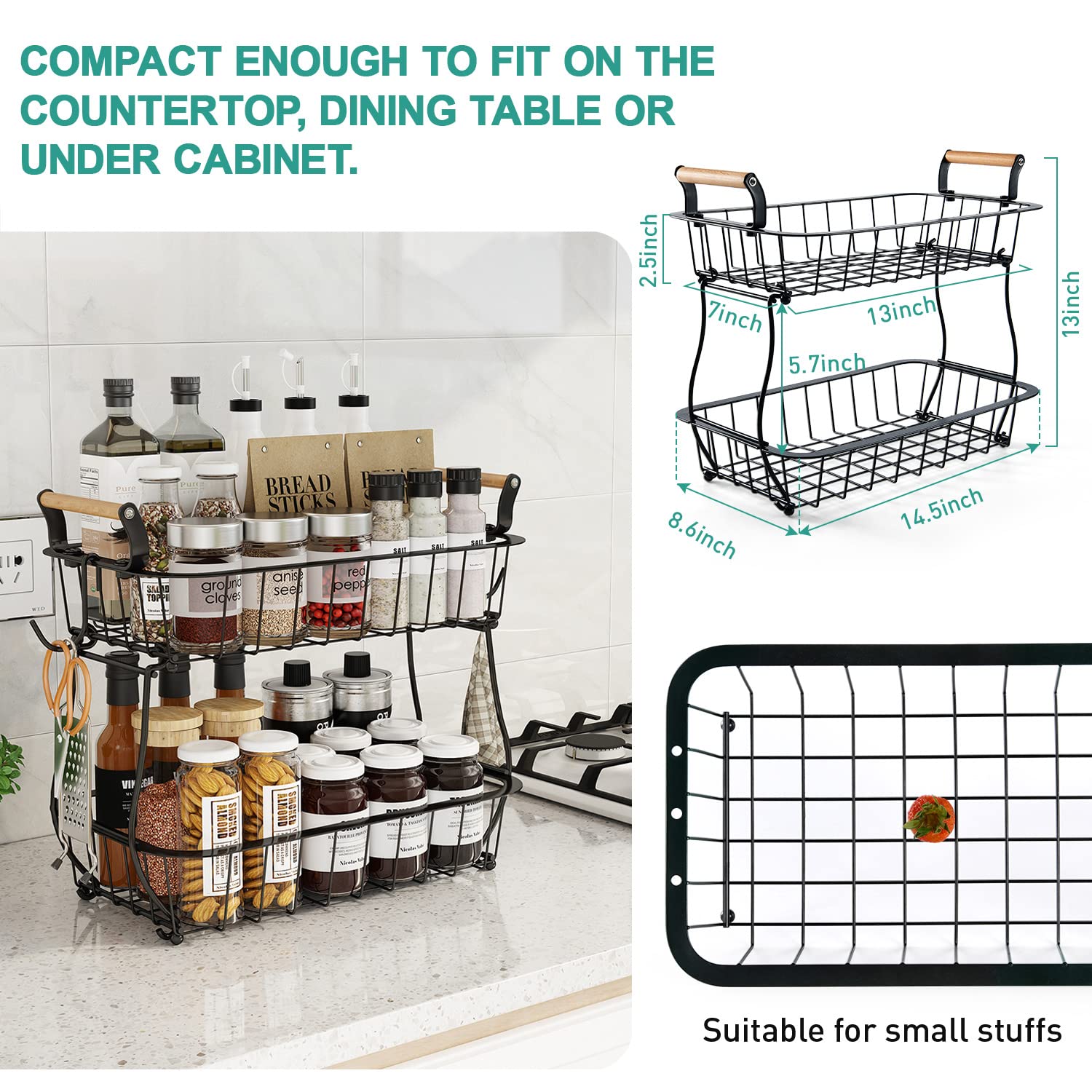 2 Tier Fruit Basket with 2 Banana Hangers, Countertop Fruit Vegetable Basket Bowl for Kitchen Counter Metal Wire Storage Basket Fruits Stand Holder Organizer for Bread Snack Veggies Produce, Black