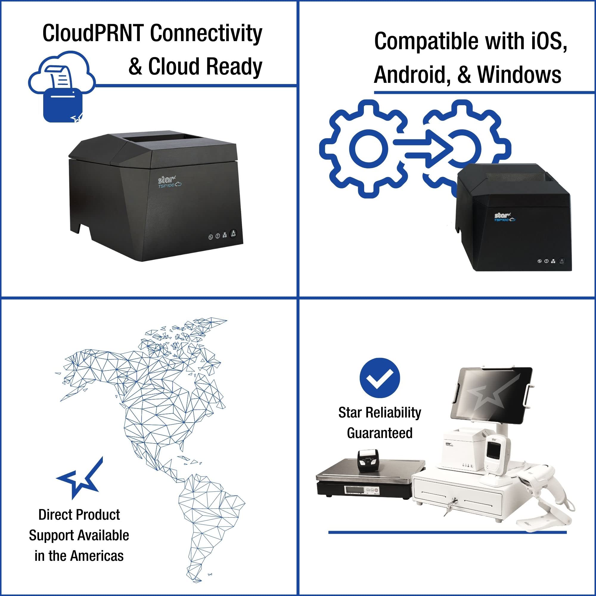 Star Micronics TSP143IVUW Wi-Fi (WLAN)/USB-C/Ethernet (LAN) Thermal Receipt Printer with CloudPRNT, Cutter, and Internal Power Supply - Gray