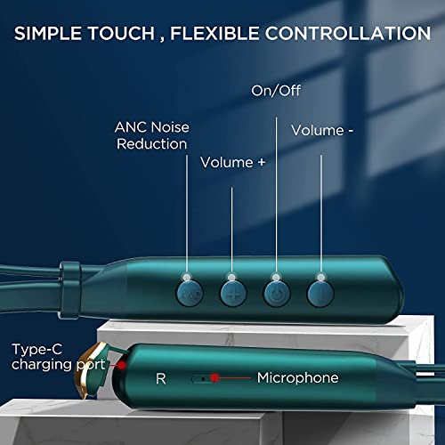 HTC Bluetooth Neckband Headphones ANC, Bluetooth 5.0 Neckband Earphones Magnetic with Active Noise Cancellation & ENC for Voice Call, Running, Exercising -IPX5 Water Resistant/16 H Playtime-Dark Green