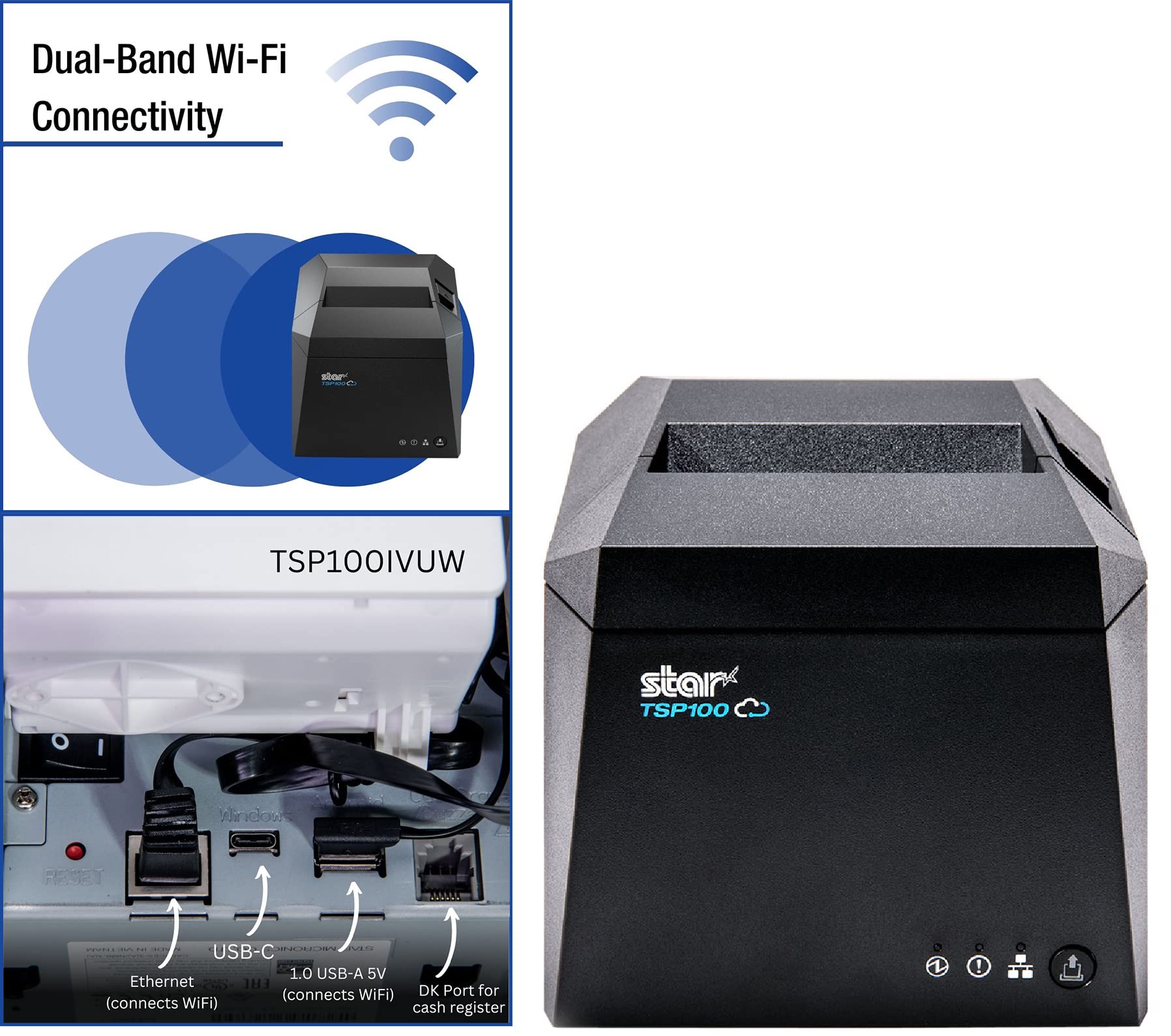 Star Micronics TSP143IVUW Wi-Fi (WLAN)/USB-C/Ethernet (LAN) Thermal Receipt Printer with CloudPRNT, Cutter, and Internal Power Supply - Gray