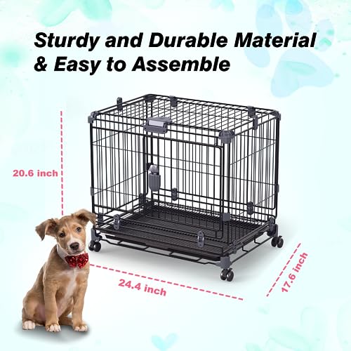 Docal Heavy Duty Dog Crate with Wheels, Easy to Assemble Medium Dog Kennel Dog Playpen with Double Door and Drawer Leak-Proof Tray, Multiple Stackable Thick Sturdy Carbon Steel Pet Cage,Black 24 inch