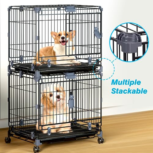 Docal Heavy Duty Dog Crate with Wheels, Easy to Assemble Medium Dog Kennel Dog Playpen with Double Door and Drawer Leak-Proof Tray, Multiple Stackable Thick Sturdy Carbon Steel Pet Cage,Black 24 inch