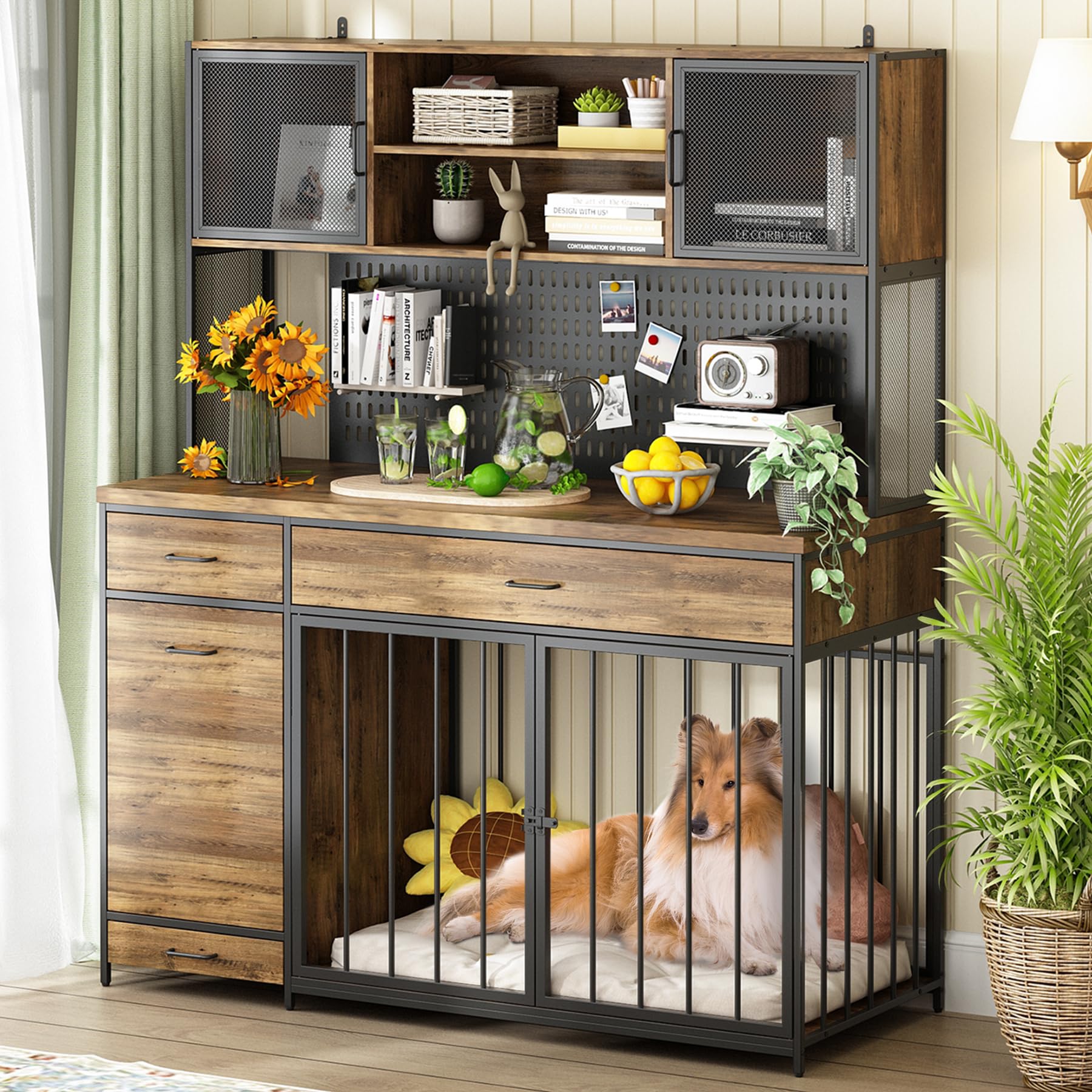 MOOLIVE Large Dog Crate Furniture with Storage, Wooden Dog Crates Kennel Furniture Kitchen Pantry Laundry Garage Storage Cabinet with Drawers, Storage Shelves for Small, Medium and Large Dog