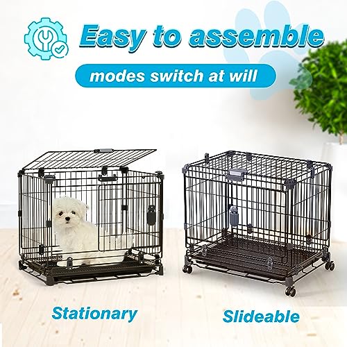 Docal Heavy Duty Dog Crate with Wheels, Easy to Assemble Medium Dog Kennel Dog Playpen with Double Door and Drawer Leak-Proof Tray, Multiple Stackable Thick Sturdy Carbon Steel Pet Cage,Black 24 inch