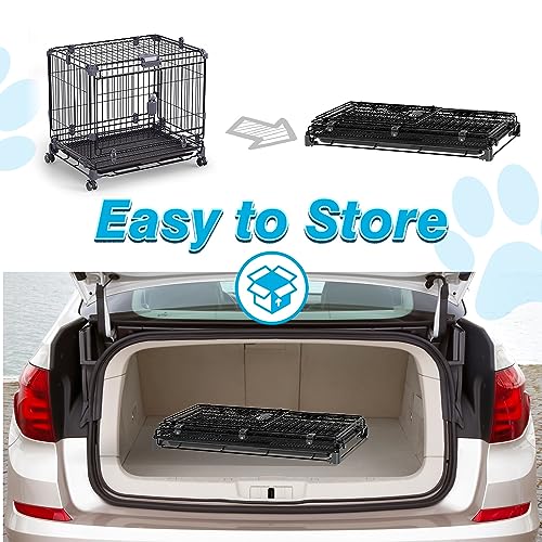 Docal Heavy Duty Dog Crate with Wheels, Easy to Assemble Medium Dog Kennel Dog Playpen with Double Door and Drawer Leak-Proof Tray, Multiple Stackable Thick Sturdy Carbon Steel Pet Cage,Black 24 inch