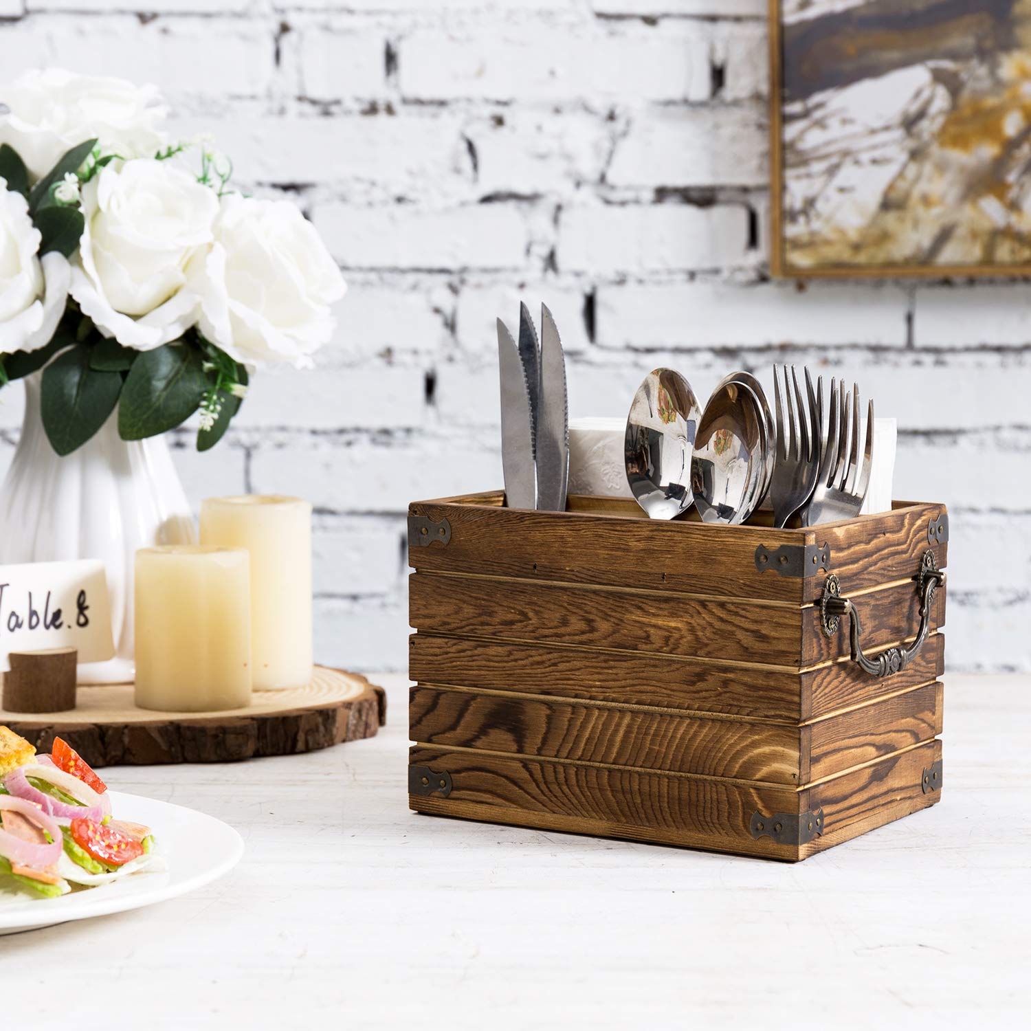 MyGift Rustic Burnt Wood Dining Utensil Holder for Kitchen Counter, Flatware Serving and Napkin Holder Caddy with Antique Metal Wraps and Handles