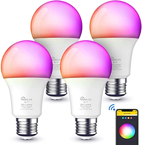 TREATLIFE Smart Light Bulbs 4 Pack, 2.4GHz Music Sync Color Changing Light Bulb, Works with Alexa Google Home, A19 E26 Dimmable LED Light Bulb 9W 800Lumen for Party Decoration, Smart Home, Multicolor
