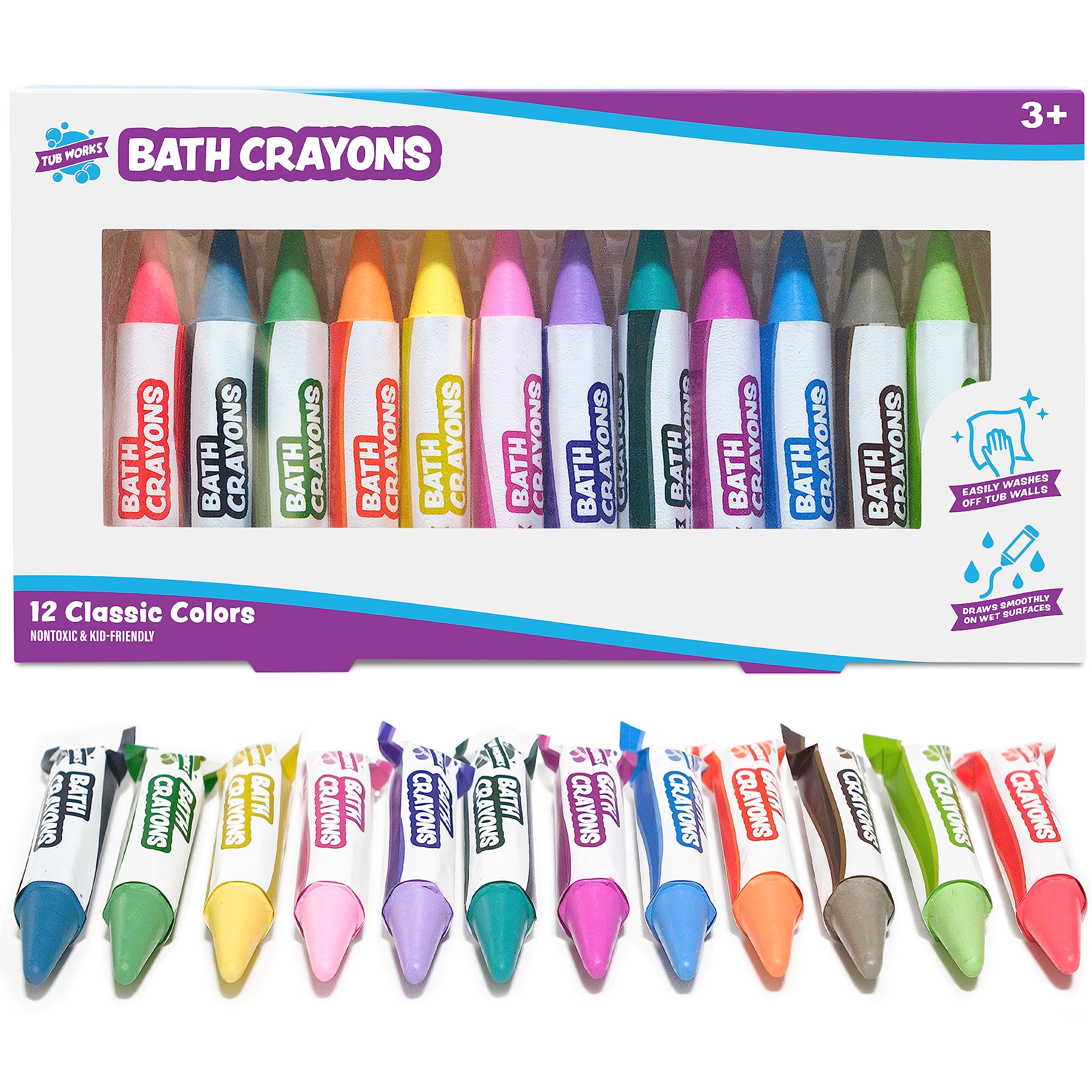 Tub Works® Smooth™ Bath Crayons Bath Toy, 12 Pack | Nontoxic, Washable Bath Crayons for Toddlers & Kids | Unique Formula Draws Smoothly & Vividly on Wet & Dry Tub Walls | Hexagon Grip Bathtub Crayons