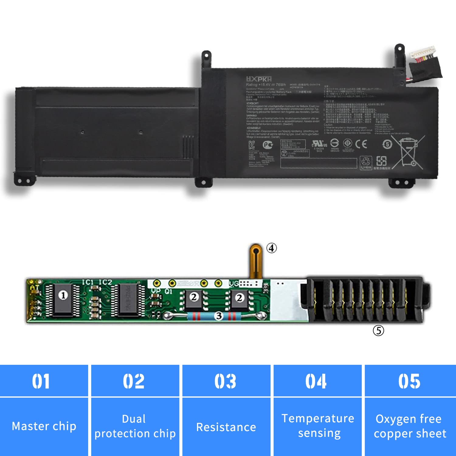 HXPK C41N1716 Laptop Battery for ASUS ROG Strix GL703GS GL703GM S7BS S7BS8750 GL703GM-DS74 GL703GM-WS74 GL703GS GL703GS-DS74 GL703GS-EE071T Series Notebook 15.4V 76Wh
