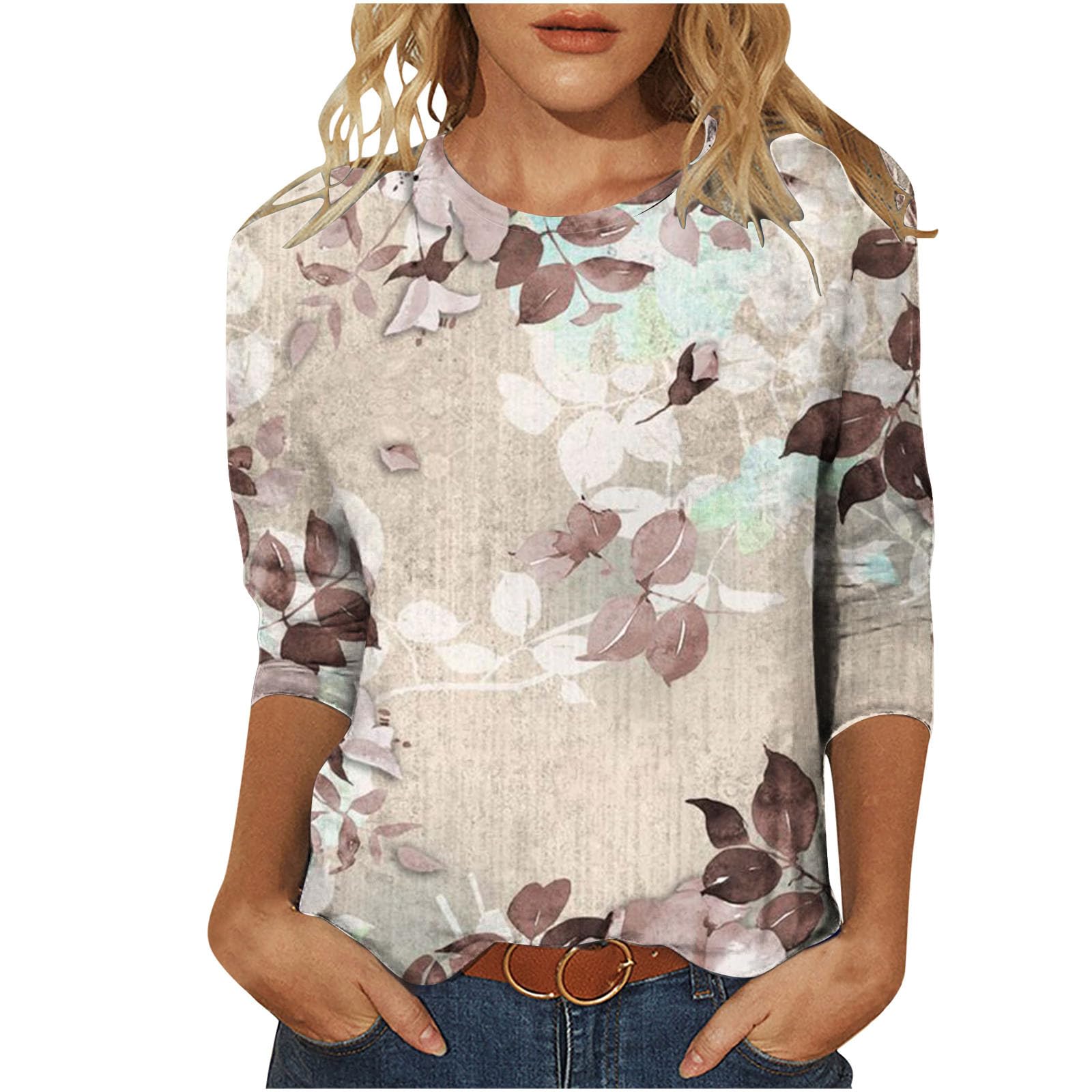 Tuianres Summer Tops for Women 2023 Trendy Crew Neck Retro T-Shirts Blouse 3/4 Sleeve Casual Cute Floral Print Tunic Shirts gift card balance on my account amazon