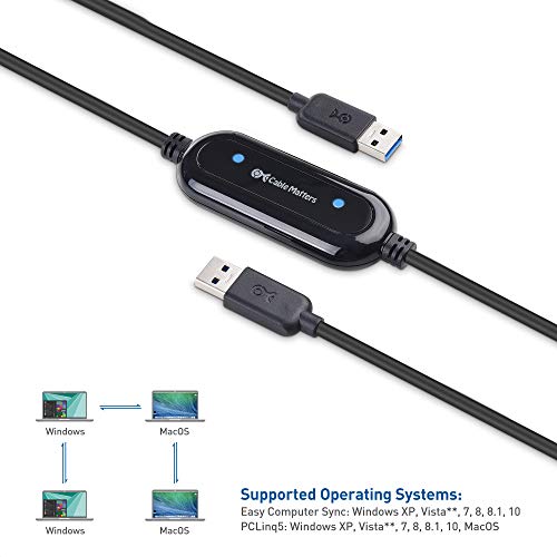 Cable Matters USB 3.0 Data Transfer Cable PC to PC for Windows and Mac Computer in 6.6 ft - PClinq5 and Bravura Easy Computer Sync, Key Included - Compatible with PCMover for Windows System Migration