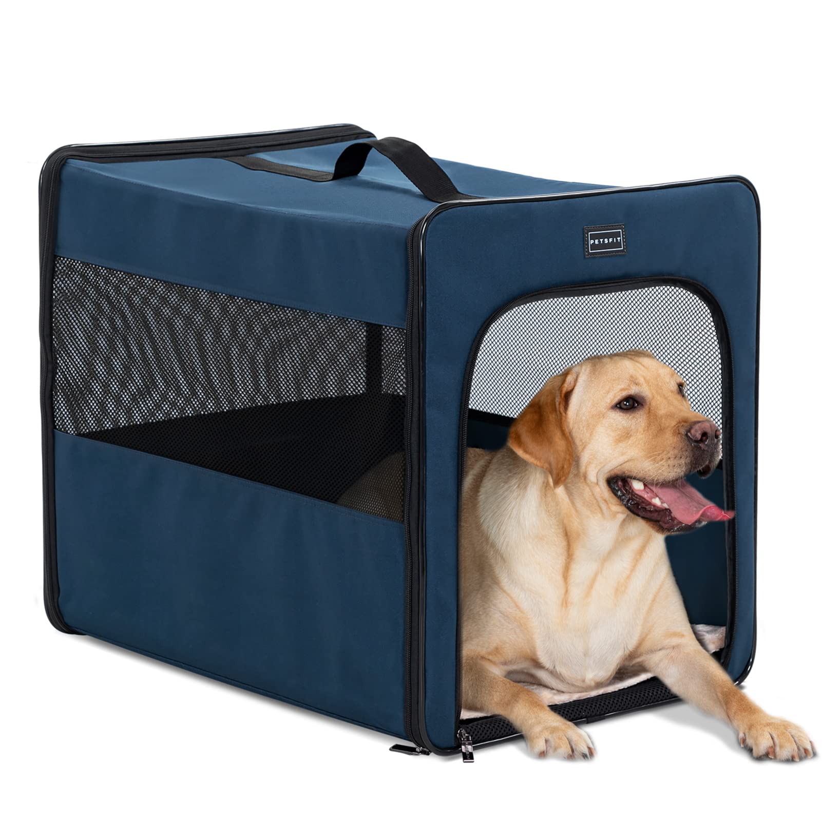 PETSFIT Portable Dog Crate, Dog Travel Crate - 31 Inch with Thicken Mat, Easy to Fold, Sturdy and Portable, Perfect for Traveling, Foldable Dog Crate Navy Blue