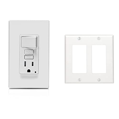 Leviton GFSW1-W Self-Test SmartlockPro Slim GFCI Combination Switch Tamper, White & 80409-W 2-Gang Decora/GFCI Device Wallplate, Standard Size, Thermoset, Device Mount, White