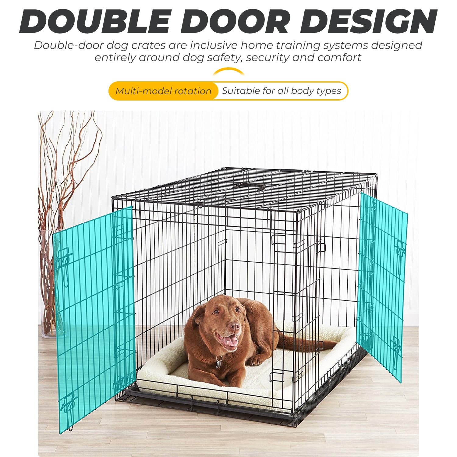 48 Inches Dog Crate Large Foldable Dog Kennel Metal Wire Pet Dog Cage with Double-Door Leak-Proof Tray Divider Panel and Handle for Dog Cat Pet,Black 48”X31”X29”