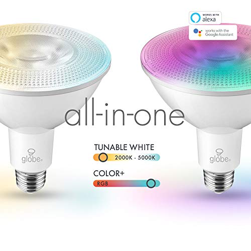 Globe Electric 50043 Wi-Fi Smart 10 Watt (90W Equivalent) Multicolor Changing RGB Tunable White Frosted LED Light Bulb, No Hub Required, Voice Activated, 2000K - 5000K, PAR38 Shape, E26 Base