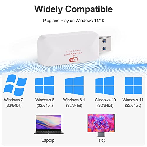 New AC1300 USB WiFi Adapter- 2.4G/5G Dual Band Wireless Network Adapter for PC Desktop, MU-MIMO WiFi Dongle, USB 3.0, Supports Windows 11, 10, 8.1, 8, 7, XP,Vista,Works with Any Router