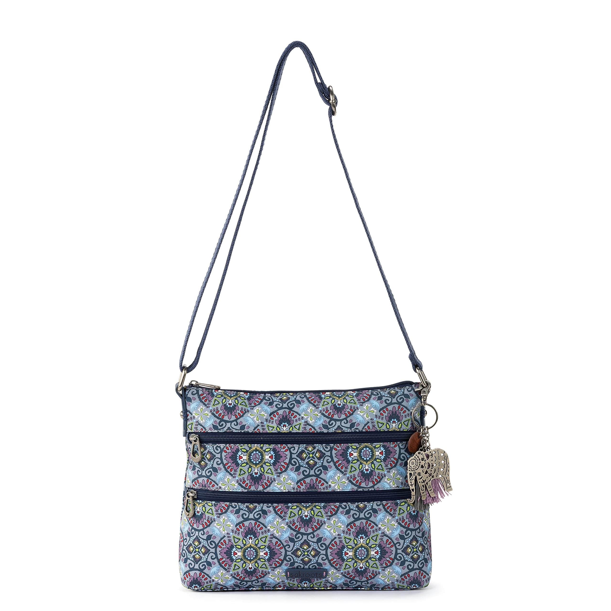 Sakroots Artist Circle Basic Crossbody in Eco Twill, Adjustable Crossbody Strap, Grey Mosaic World