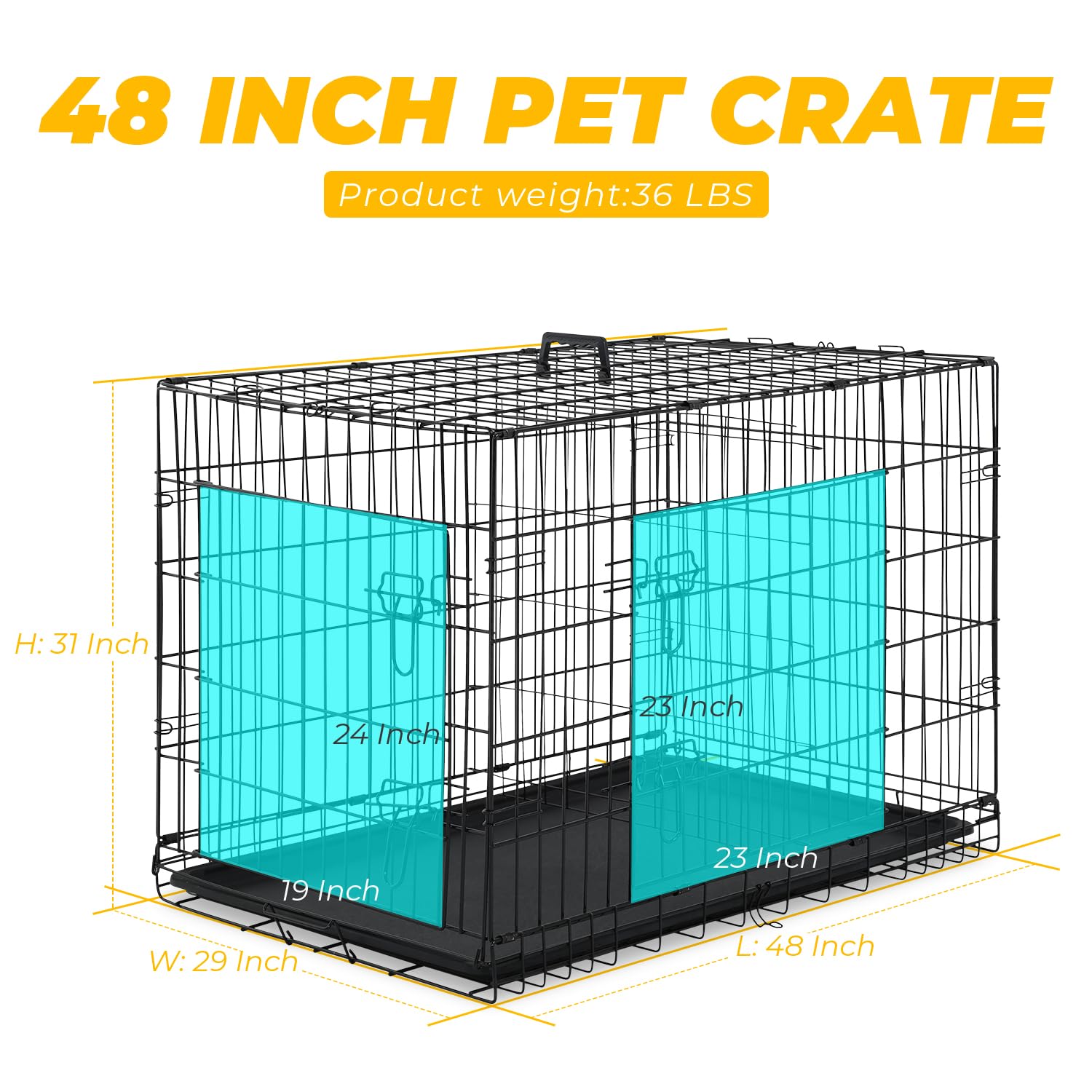 48 Inches Dog Crate Large Foldable Dog Kennel Metal Wire Pet Dog Cage with Double-Door Leak-Proof Tray Divider Panel and Handle for Dog Cat Pet,Black 48”X31”X29”