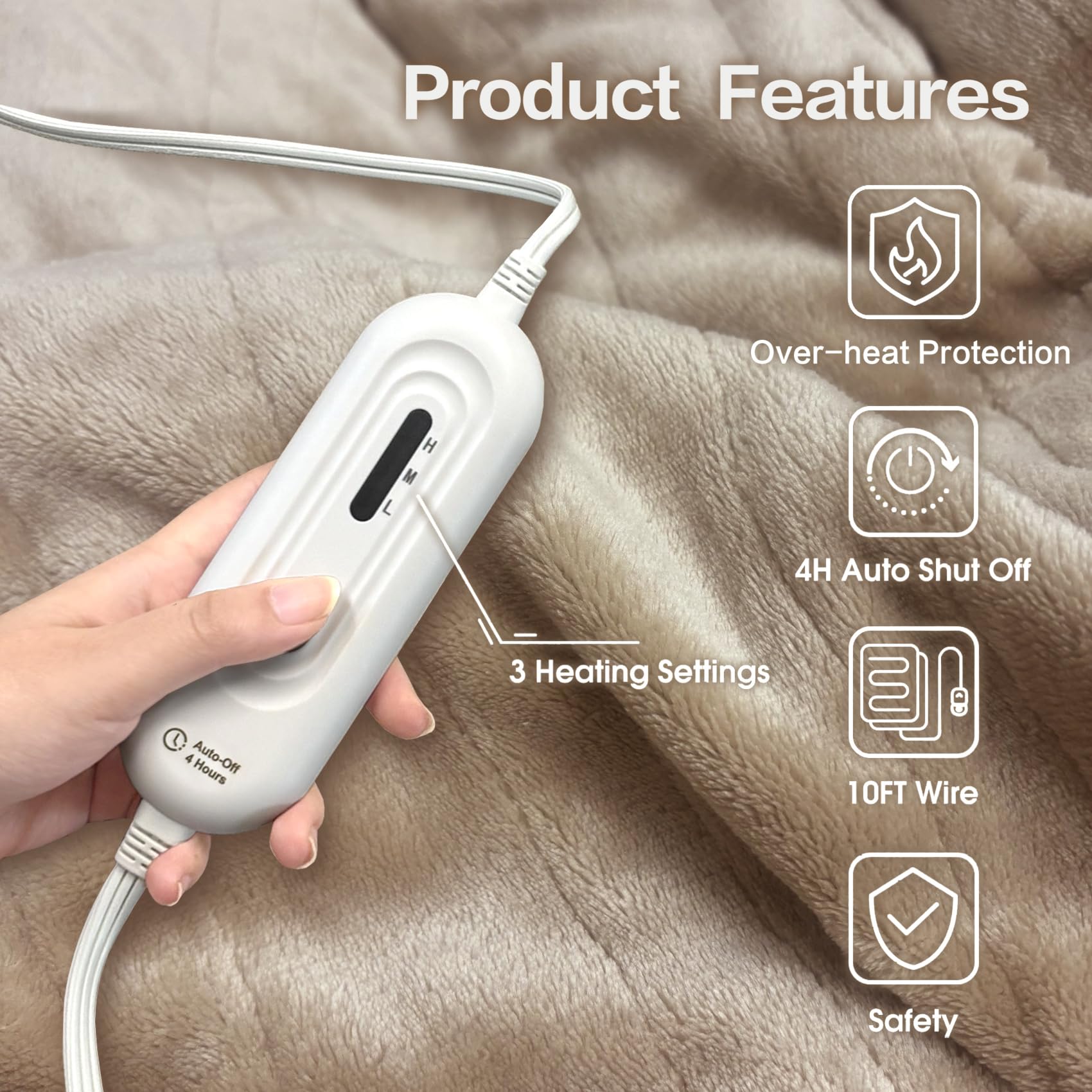 Tefici Electric Heated Blanket Throw, Super Cozy Soft Flannel 50" x 60" Heated Throw with 3 Fast Heating Levels & 4 Hours Auto Off, Machine Washable, ETL&FCC Certification, Home Office Use, Camel