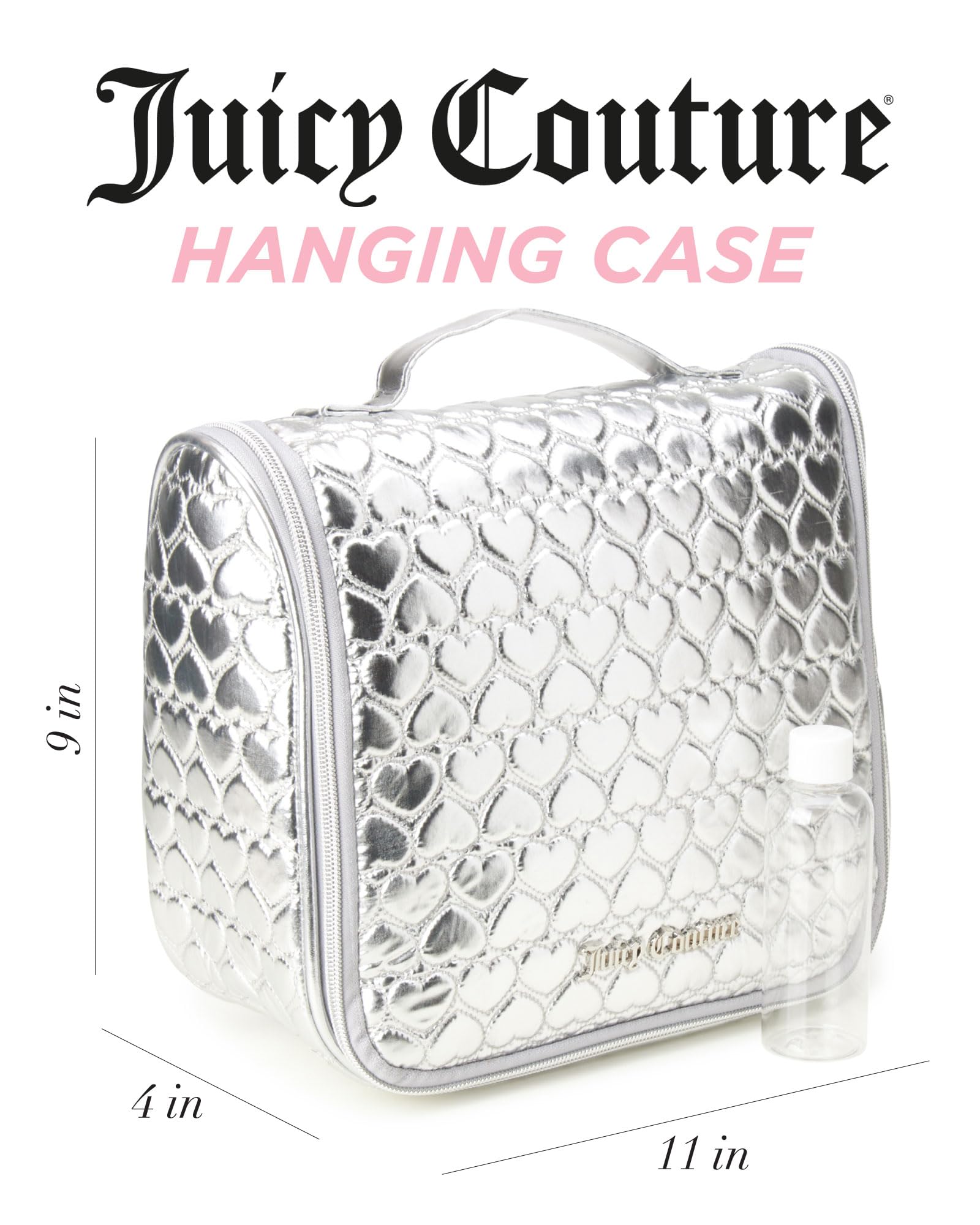 Juicy Couture Women's Cosmetics Bag - Hanging Travel Makeup and Toiletries Kit - Makeup Accessories Organizer Case with Hook, Size One Size, Silver