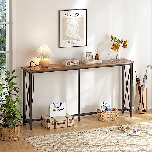 SUPERJARE Console Table with Outlet & USB Ports, 63 Inches Sofa Table with Charging Station, Narrow Entryway Table, Hallway Table, Behind Couch Table, for Living Room - Rustic Brown