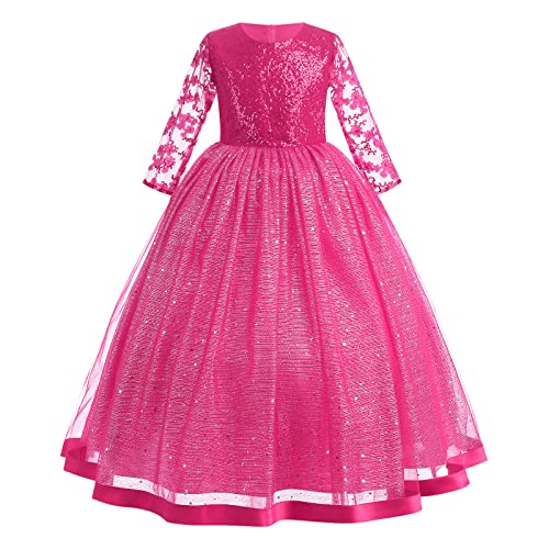Floral Sequins Lace Princess Pageant 3/4 Sleeve Flower Girl Dress for Kids Junior Bridesmaid Wedding Puffy Party Wear Fall Formal Maxi Dance Evening Ball Gowns for Girls Sequins-Hot Pink 11-12 Years