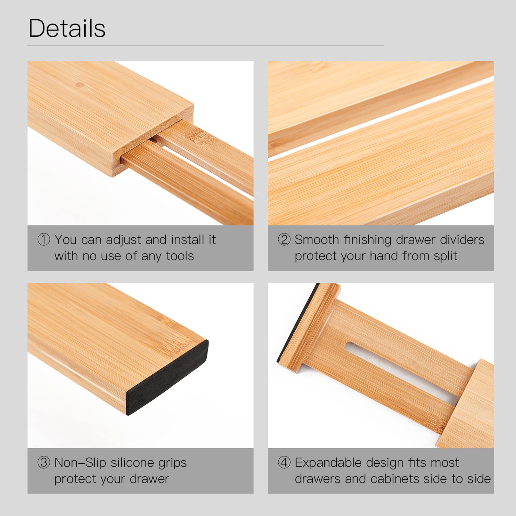 Utoplike 4 Pack Bamboo Kitchen Drawer Dividers,Adjustable Drawer Organizers,Spring Loaded,Works in Kitchen,Dresser,Bathroom,Bedroom,Drawer,Desk