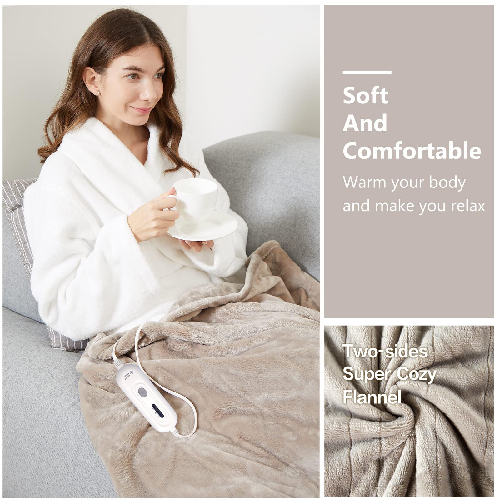 Tefici Electric Heated Blanket Throw, Super Cozy Soft Flannel 50" x 60" Heated Throw with 3 Fast Heating Levels & 4 Hours Auto Off, Machine Washable, ETL&FCC Certification, Home Office Use, Camel