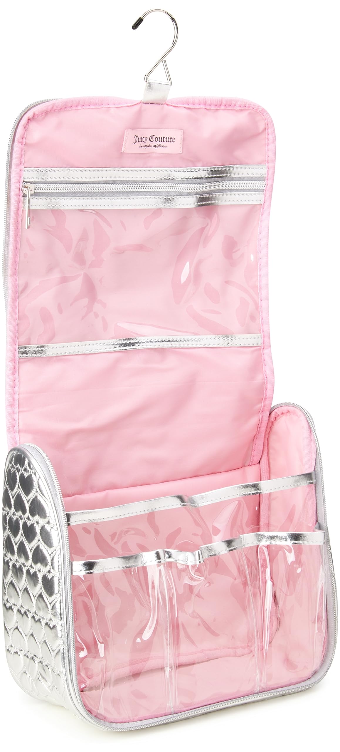 Juicy Couture Women's Cosmetics Bag - Hanging Travel Makeup and Toiletries Kit - Makeup Accessories Organizer Case with Hook, Size One Size, Silver