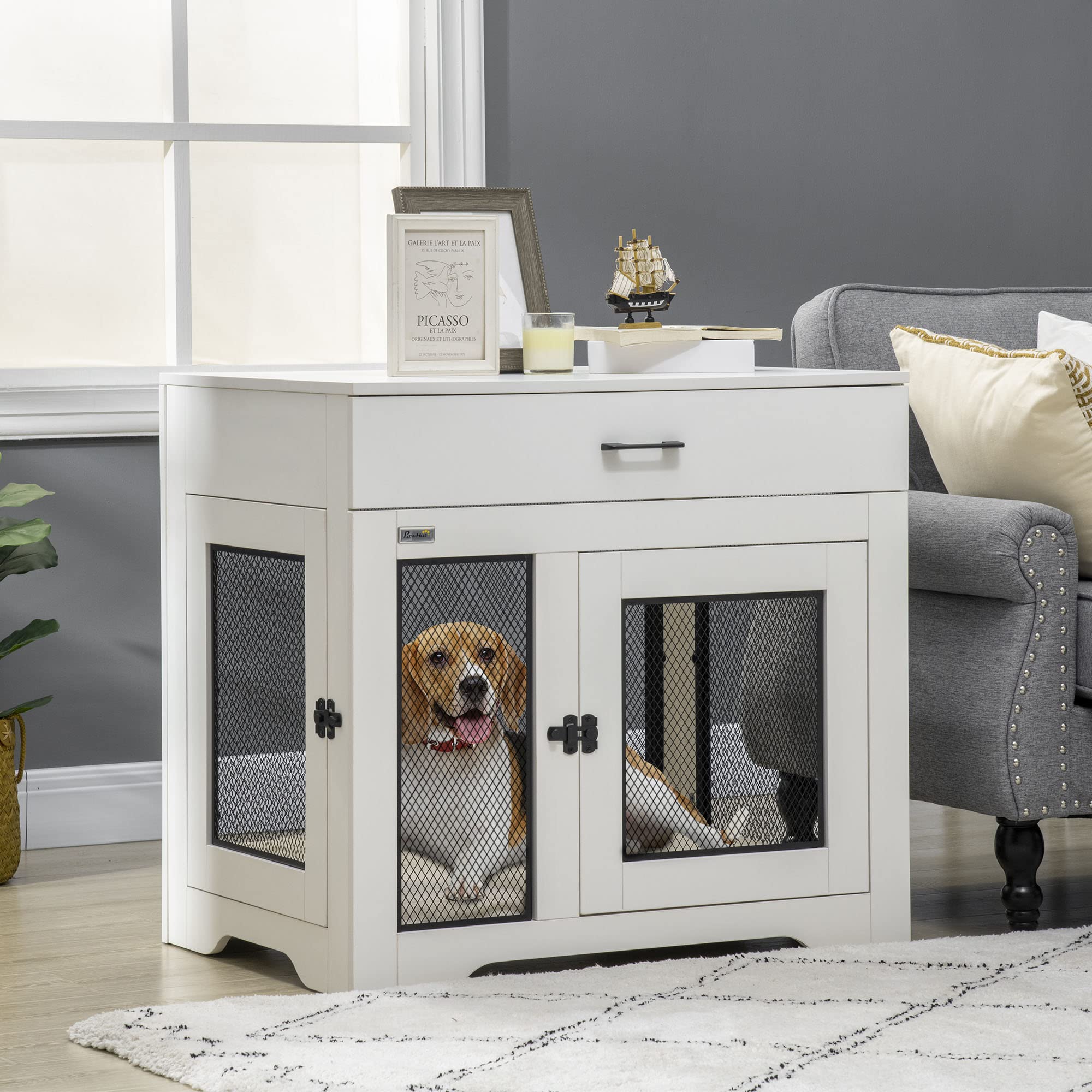PawHut Dog Crate Furniture with Soft Water-Resistant Cushion, Dog Kennel End Table with Drawer, Puppy Crate for Small Dogs Indoor with 2 Doors, White