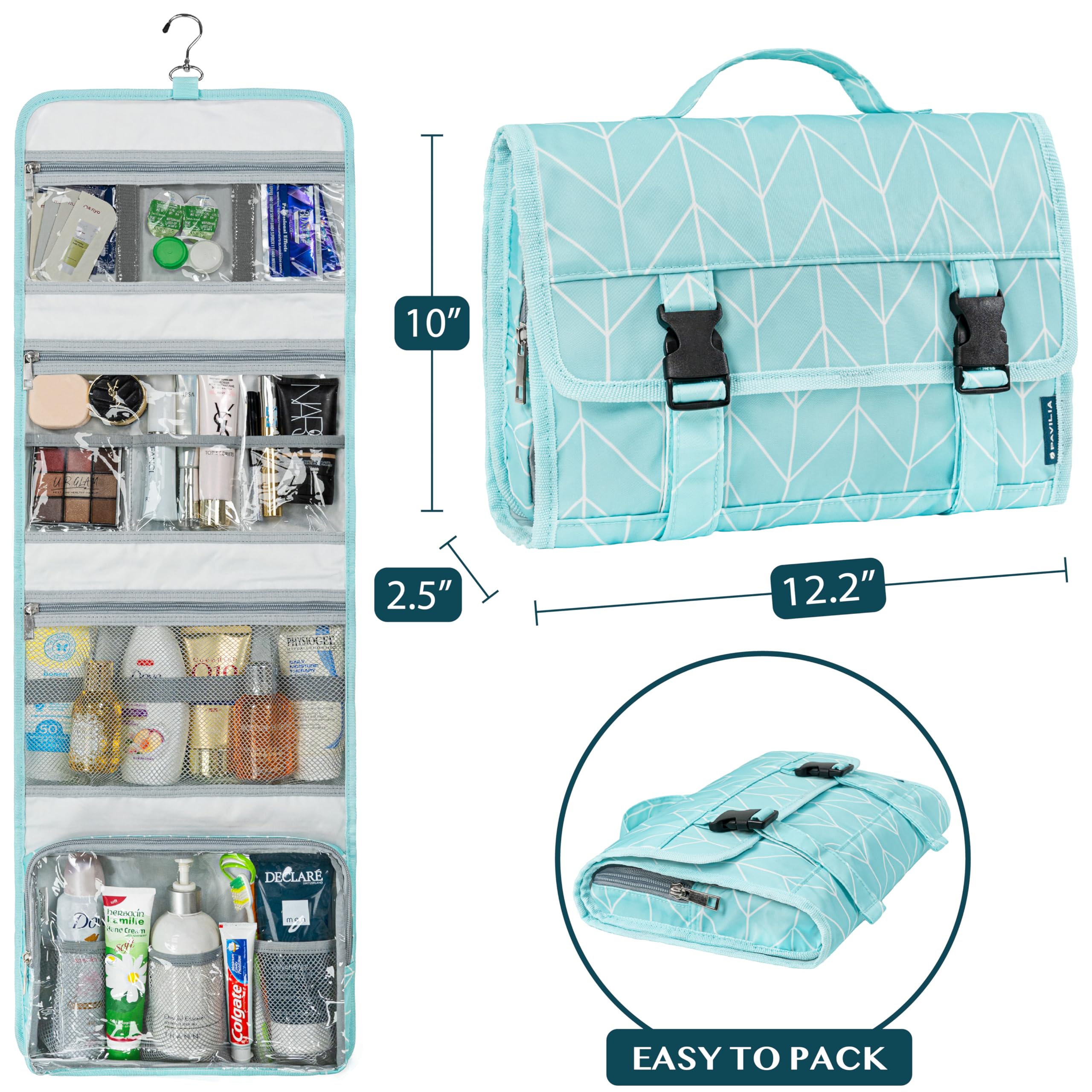 PAVILIA Travel Hanging Toiletry Bag for Women Men, Extra Large Capacity Makeup Bag Kit, Waterproof Cosmetic Storage Organizer Case for Bathroom Shower, Teal Chevron