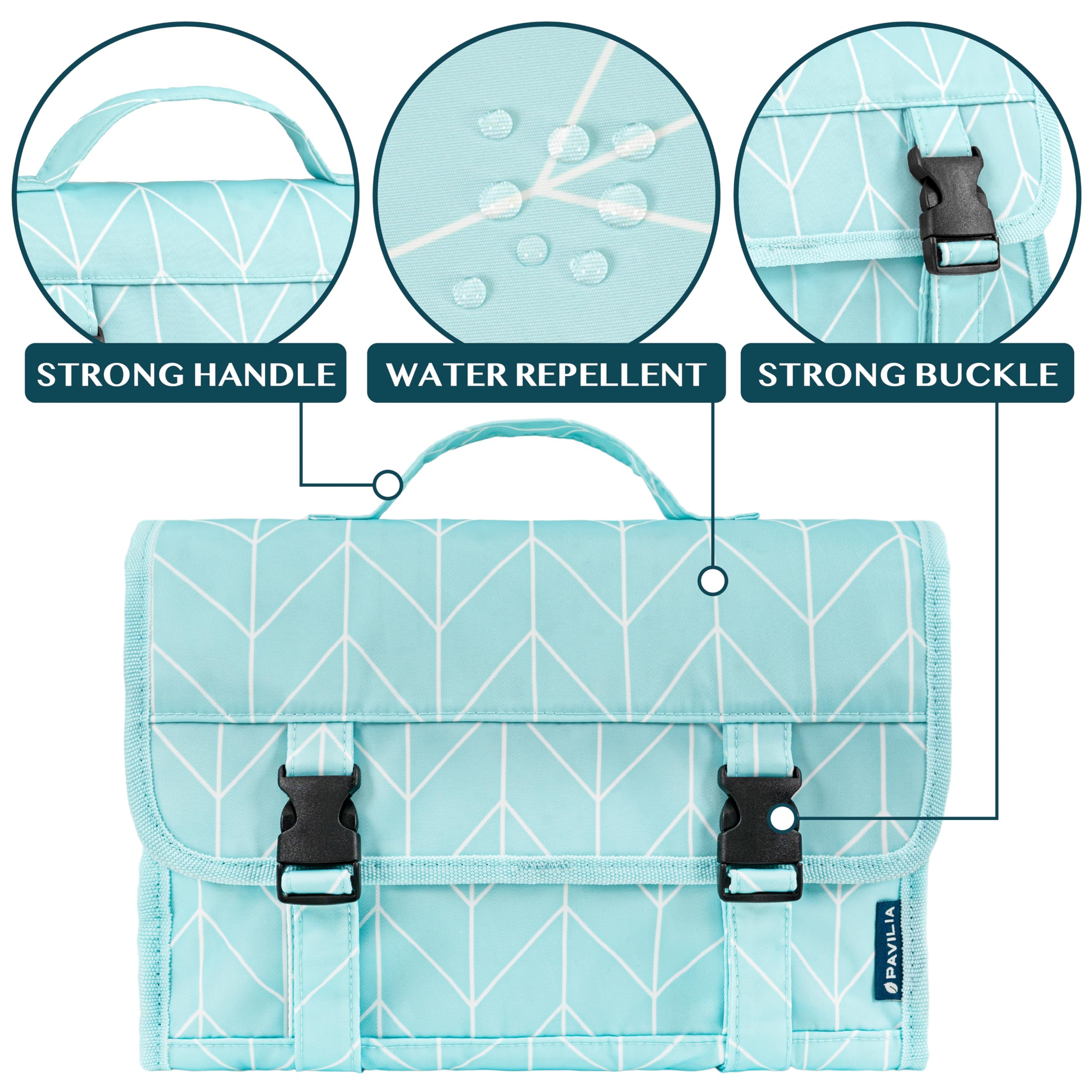 PAVILIA Travel Hanging Toiletry Bag for Women Men, Extra Large Capacity Makeup Bag Kit, Waterproof Cosmetic Storage Organizer Case for Bathroom Shower, Teal Chevron