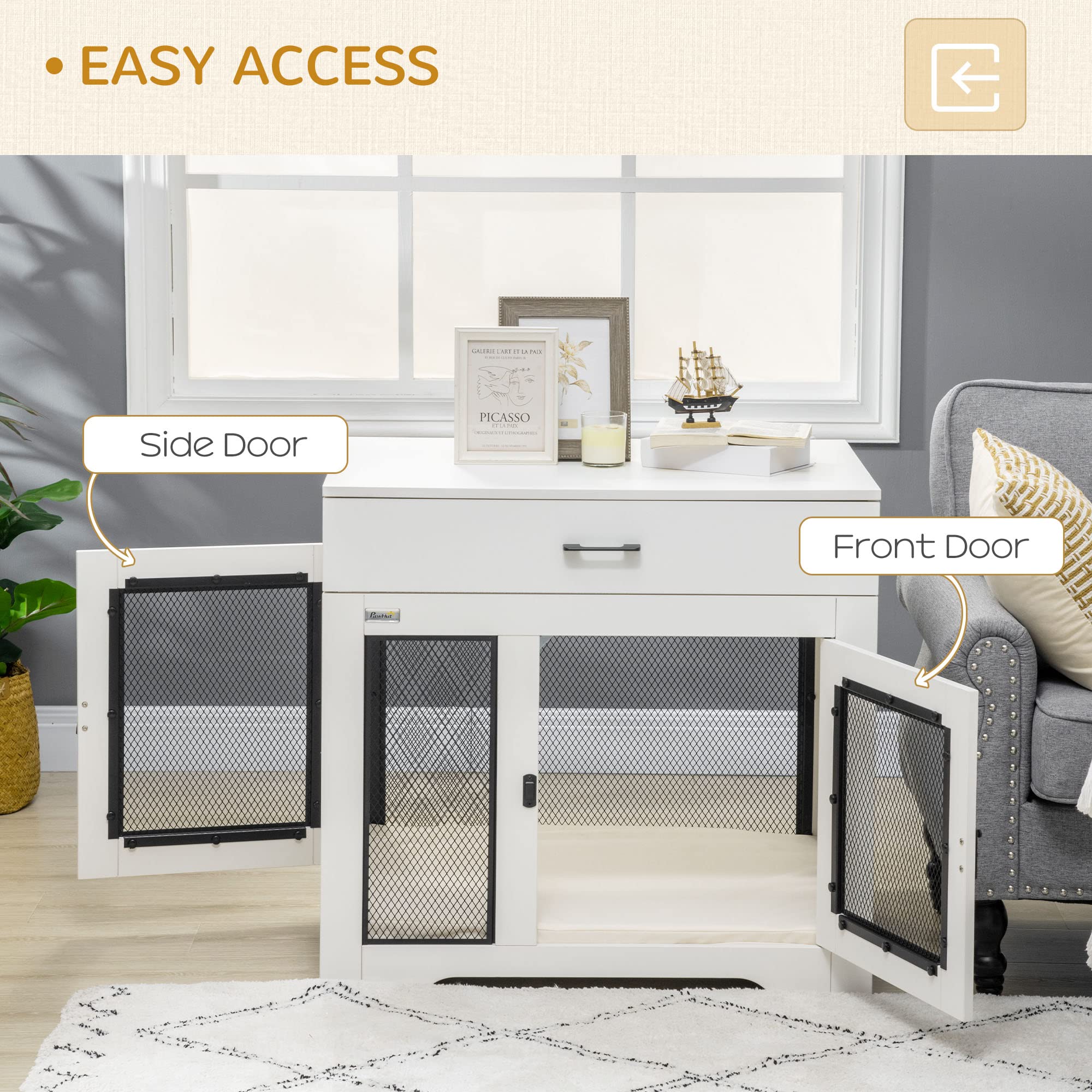 PawHut Dog Crate Furniture with Soft Water-Resistant Cushion, Dog Kennel End Table with Drawer, Puppy Crate for Small Dogs Indoor with 2 Doors, White