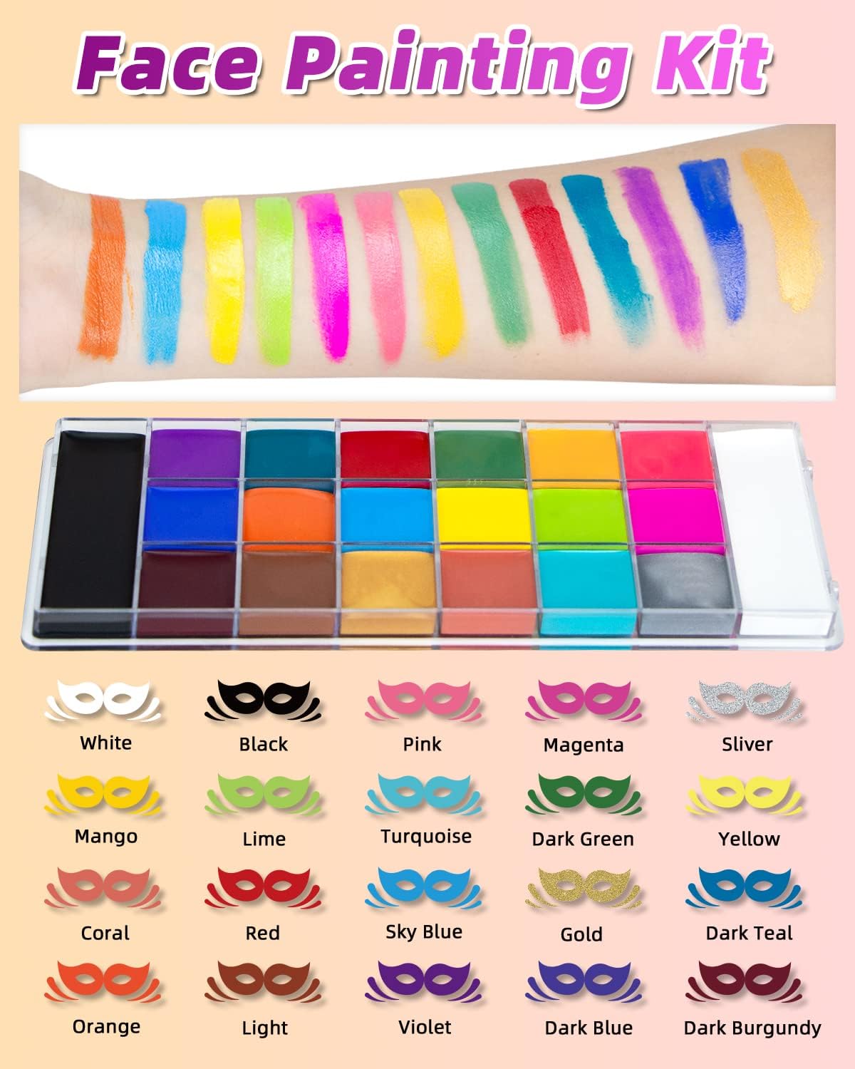 Fantastory Face Paint Kit 158pcs - 20 Colors with Glitters, Stencils, Hair Chalks, Tattoo Stickers, Brushes, Sponges & Guide - Professional Water-Based Body & Face Paint for Halloween, Suitable