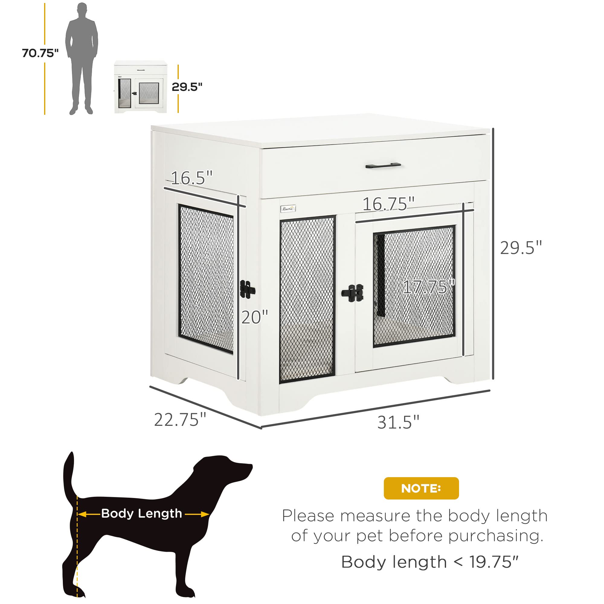 PawHut Dog Crate Furniture with Soft Water-Resistant Cushion, Dog Kennel End Table with Drawer, Puppy Crate for Small Dogs Indoor with 2 Doors, White