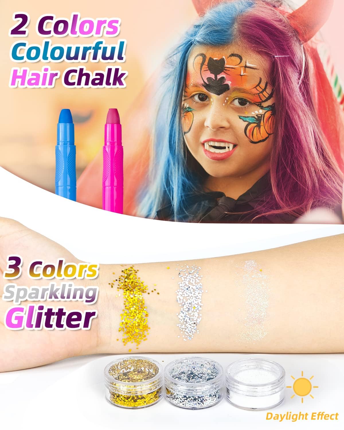 Fantastory Face Paint Kit 158pcs - 20 Colors with Glitters, Stencils, Hair Chalks, Tattoo Stickers, Brushes, Sponges & Guide - Professional Water-Based Body & Face Paint for Halloween, Suitable