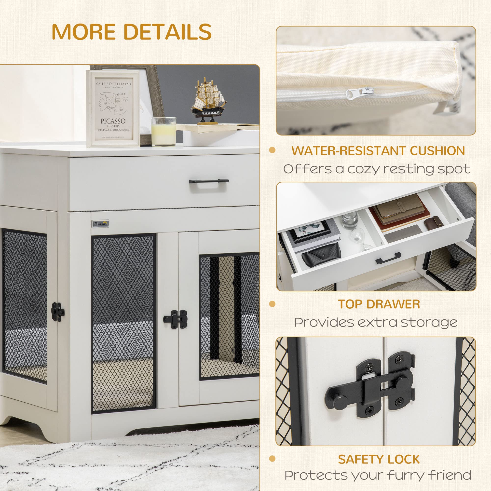 PawHut Dog Crate Furniture with Soft Water-Resistant Cushion, Dog Kennel End Table with Drawer, Puppy Crate for Small Dogs Indoor with 2 Doors, White
