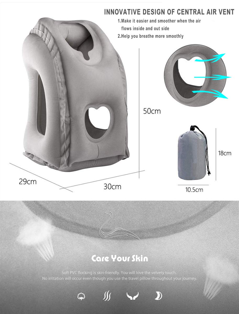 Inflatable Travel Pillow for Airplane, inflatable Neck Air Pillow for Sleeping to Avoid Neck and Shoulder Pain, Comfortably Support Head, Neck and Lumbar, Used for Airplane, Car, Bus and Office (Grey)