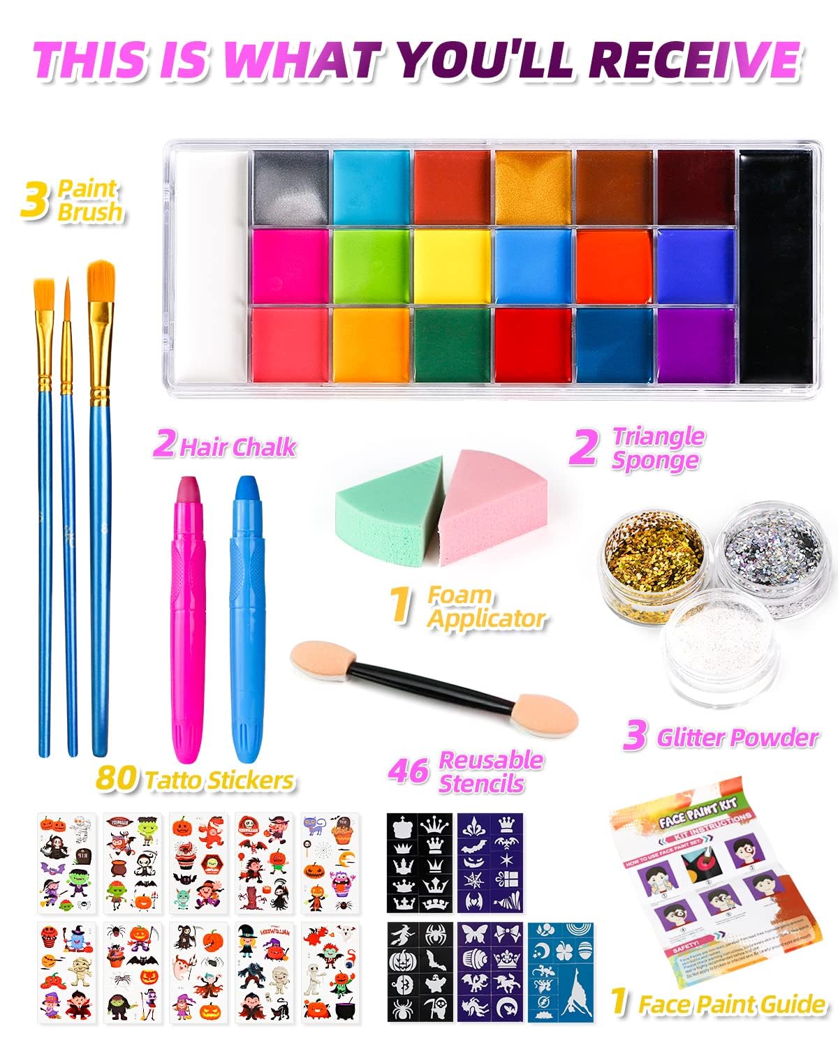 Fantastory Face Paint Kit 158pcs - 20 Colors with Glitters, Stencils, Hair Chalks, Tattoo Stickers, Brushes, Sponges & Guide - Professional Water-Based Body & Face Paint for Halloween, Suitable