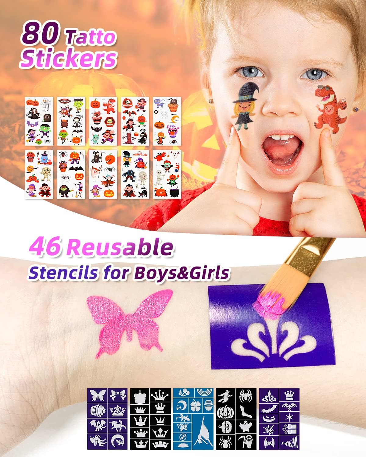Fantastory Face Paint Kit 158pcs - 20 Colors with Glitters, Stencils, Hair Chalks, Tattoo Stickers, Brushes, Sponges & Guide - Professional Water-Based Body & Face Paint for Halloween, Suitable