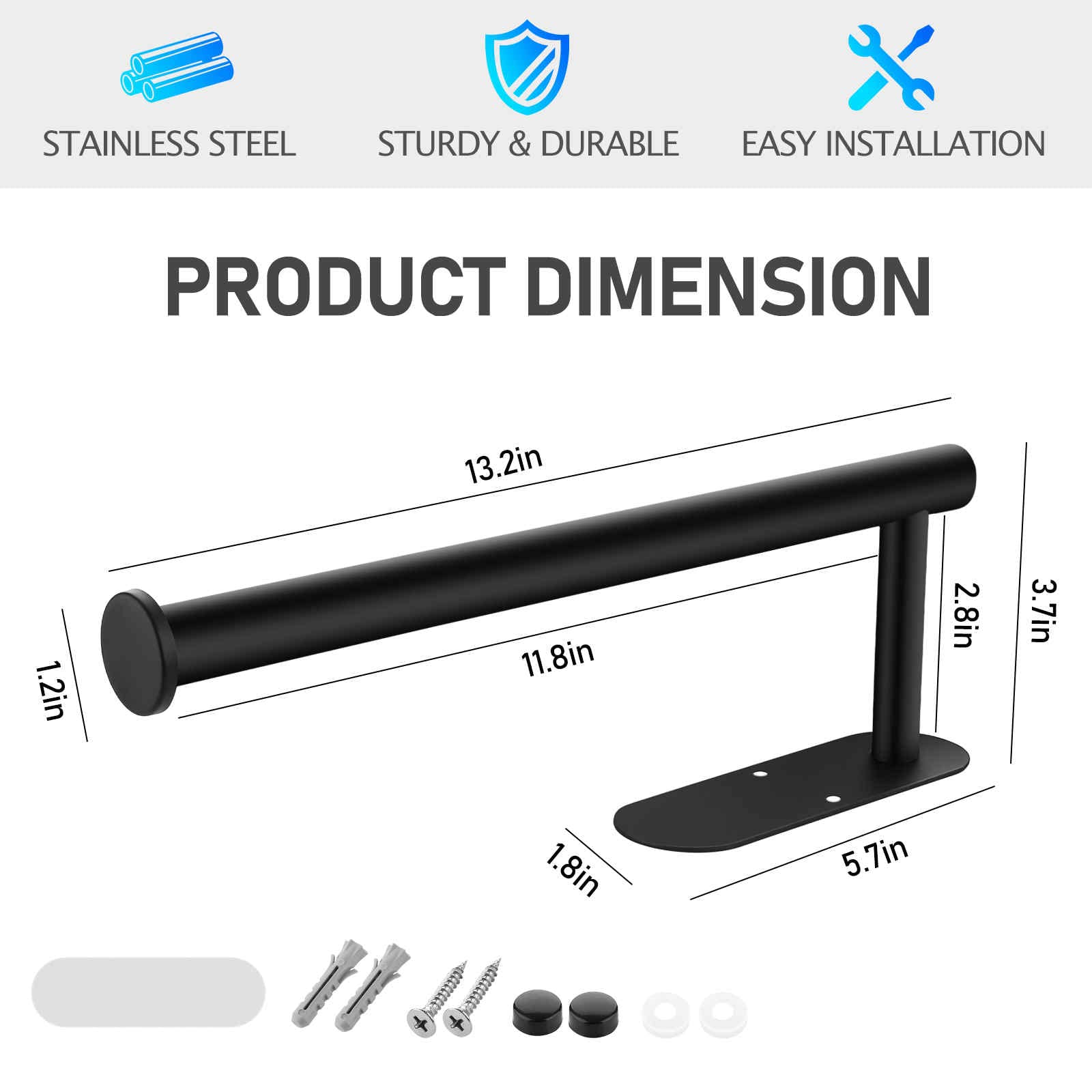 Paper Towel Holder - Under Cabinet Paper Towel Holder, Matte Black Paper Towel Holder Wall Mount for Kitchen, Stainless Steel Towel Roll Holder - Self-Adhesive or Drilling