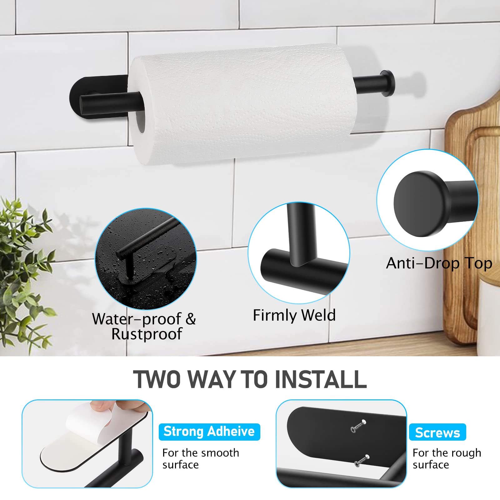 Paper Towel Holder - Under Cabinet Paper Towel Holder, Matte Black Paper Towel Holder Wall Mount for Kitchen, Stainless Steel Towel Roll Holder - Self-Adhesive or Drilling