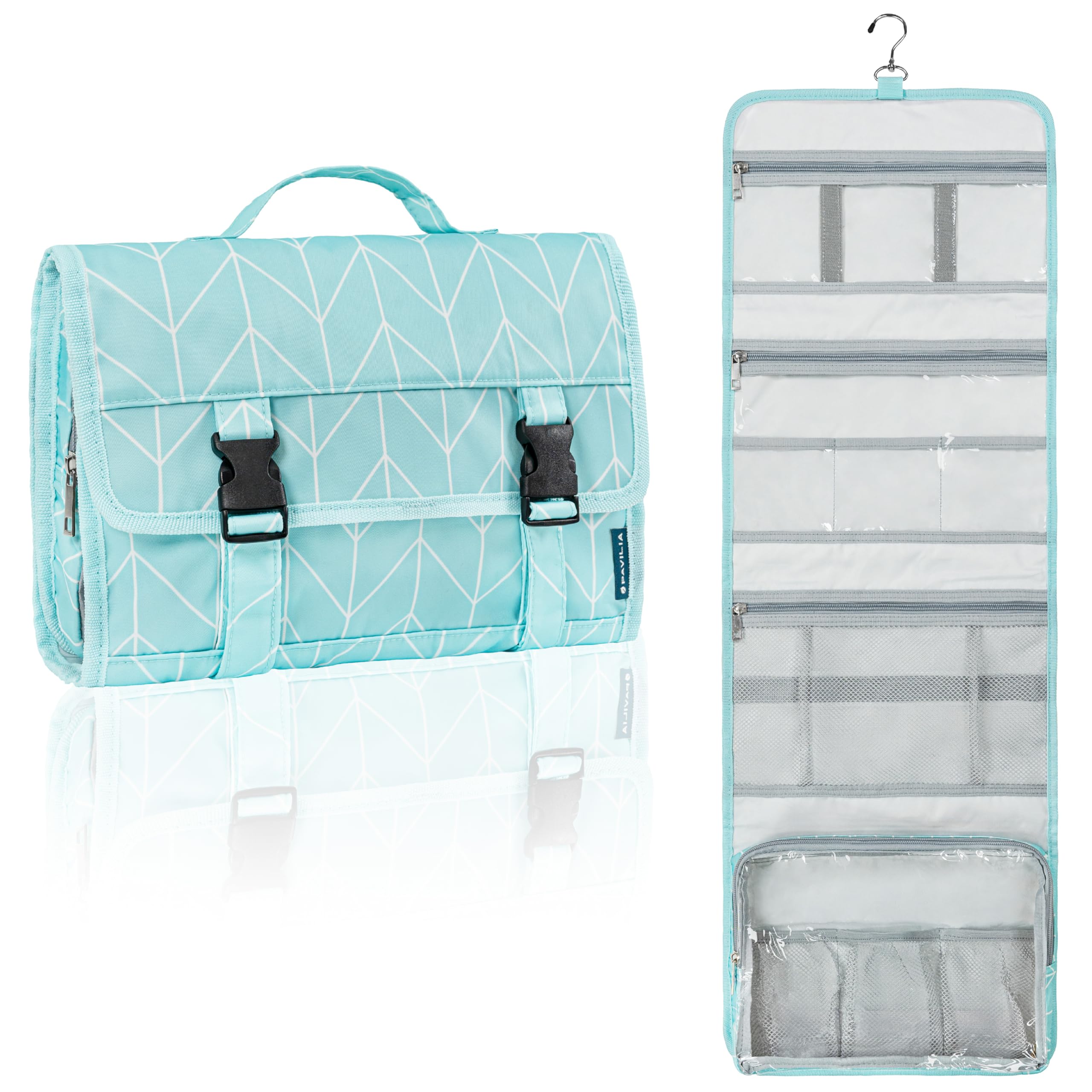 PAVILIA Travel Hanging Toiletry Bag for Women Men, Extra Large Capacity Makeup Bag Kit, Waterproof Cosmetic Storage Organizer Case for Bathroom Shower, Teal Chevron