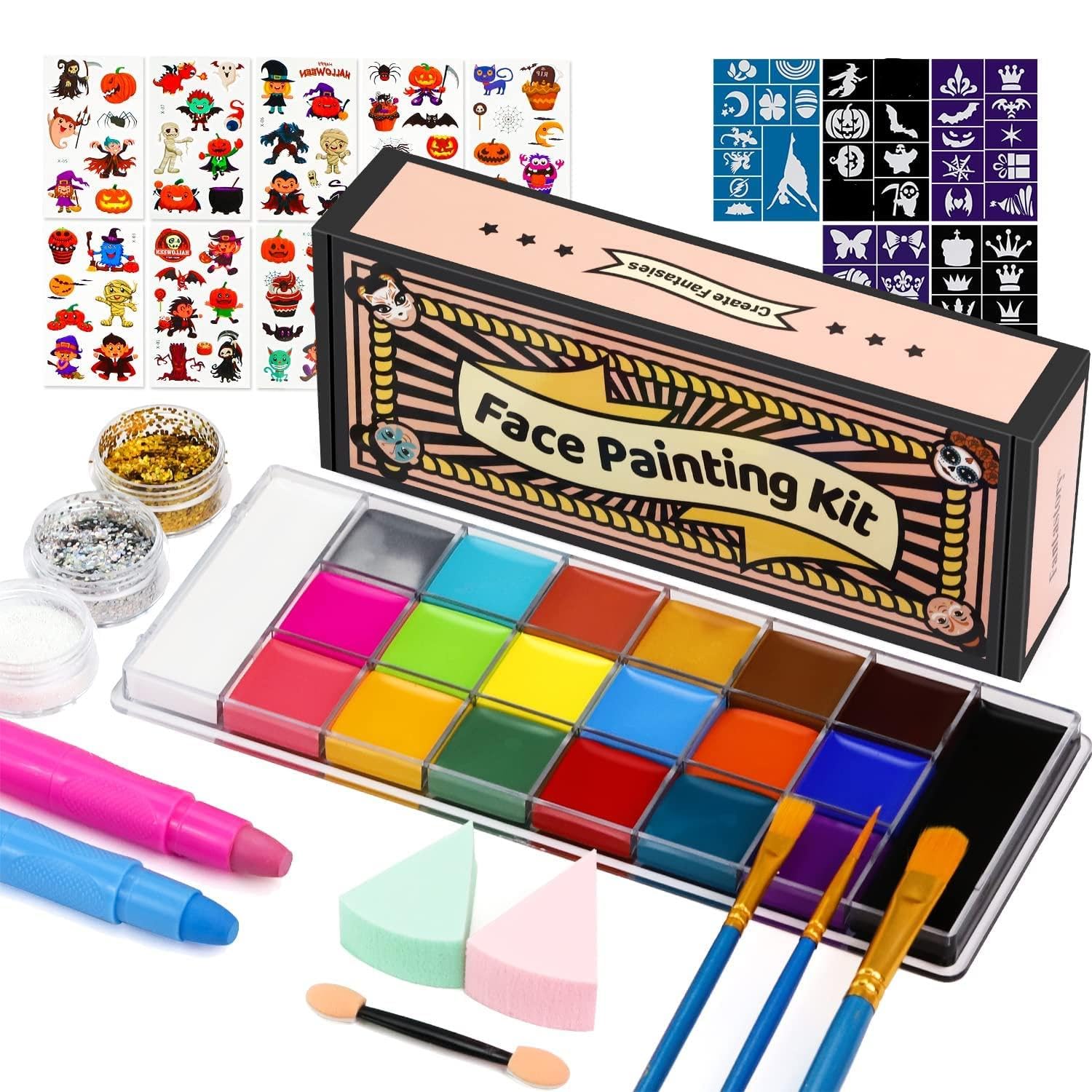 Fantastory Face Paint Kit 158pcs - 20 Colors with Glitters, Stencils, Hair Chalks, Tattoo Stickers, Brushes, Sponges & Guide - Professional Water-Based Body & Face Paint for Halloween, Suitable