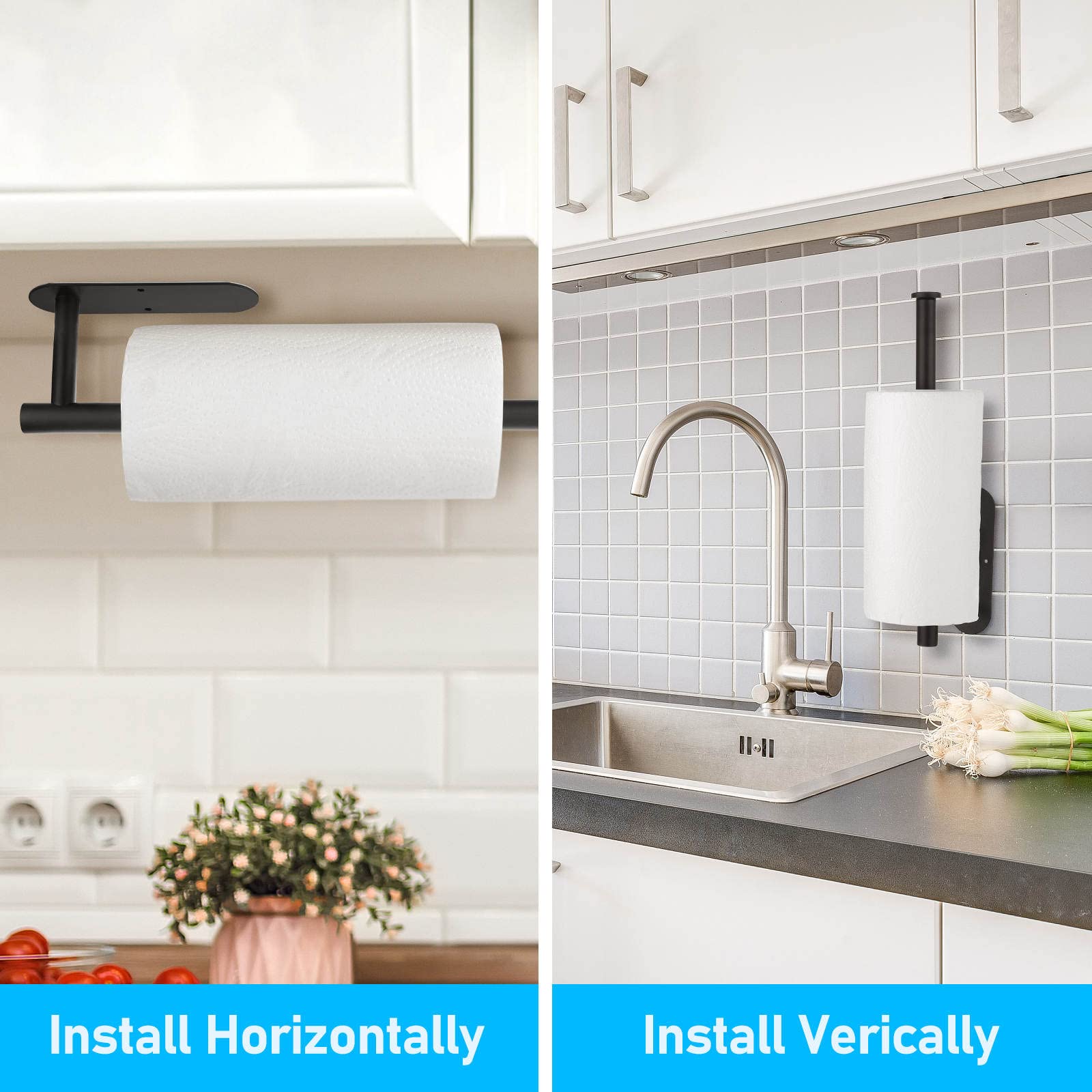 Paper Towel Holder - Under Cabinet Paper Towel Holder, Matte Black Paper Towel Holder Wall Mount for Kitchen, Stainless Steel Towel Roll Holder - Self-Adhesive or Drilling