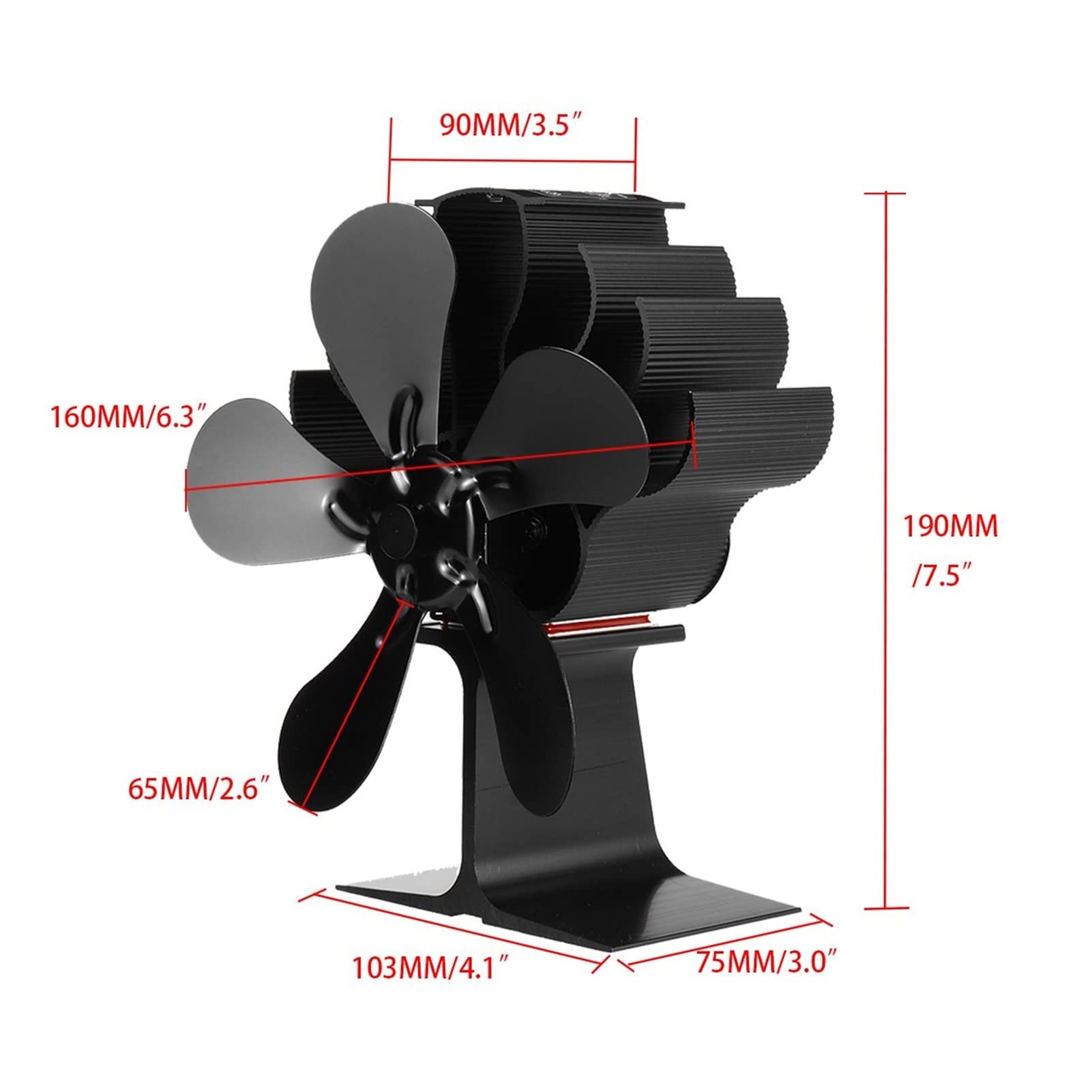 5- Stove Fireplace Fan High Effecient Heat Powered Log Wood Burner Stove Fan Eco-Fan Quiet Heat Distribution (Color : Black)
