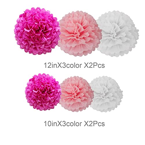Hot Pink & Light Pink/White Tissue Pom Pom Decorations (6x12in, 6x10in) - Flower Balls for Wedding & Birthday Parties