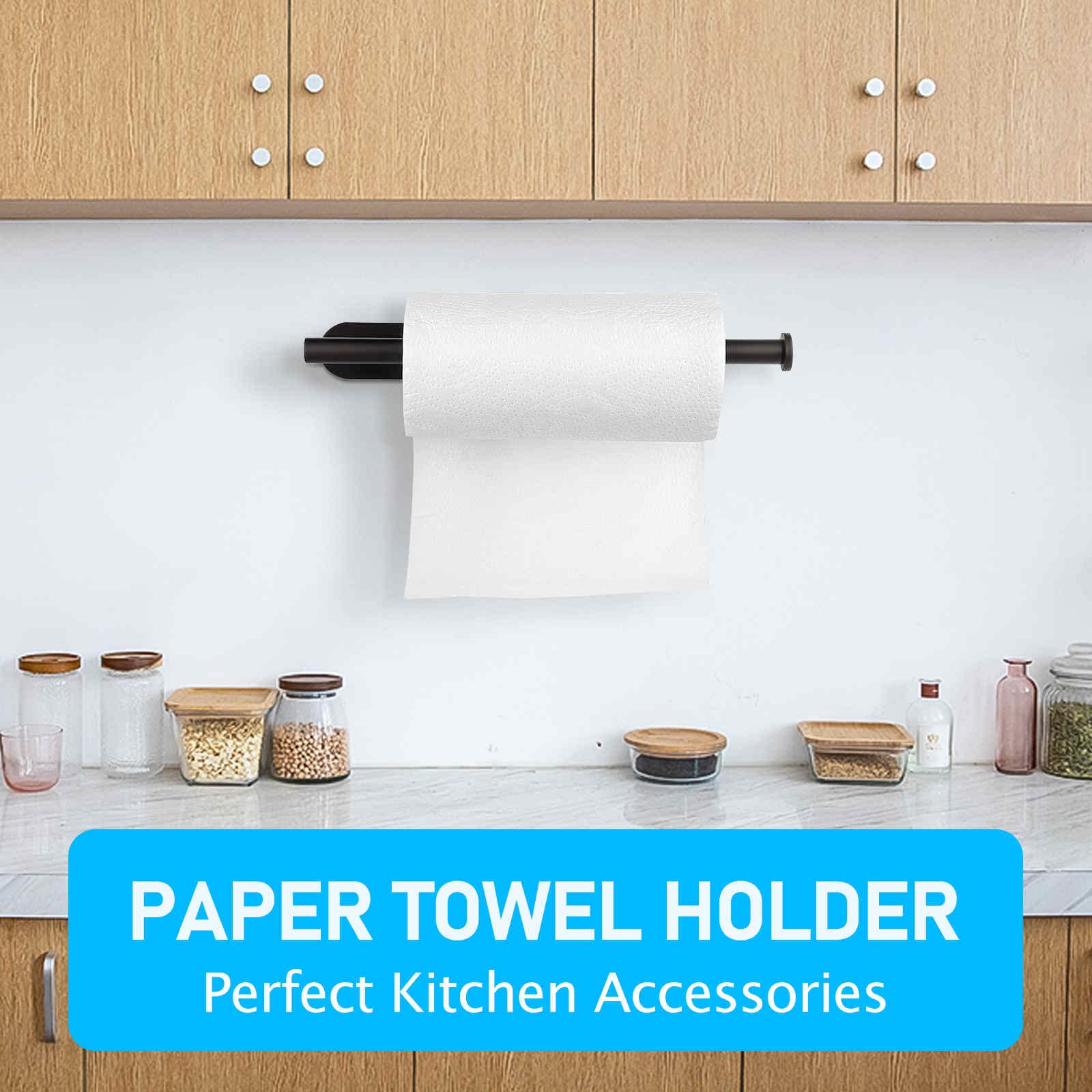 Paper Towel Holder - Under Cabinet Paper Towel Holder, Matte Black Paper Towel Holder Wall Mount for Kitchen, Stainless Steel Towel Roll Holder - Self-Adhesive or Drilling